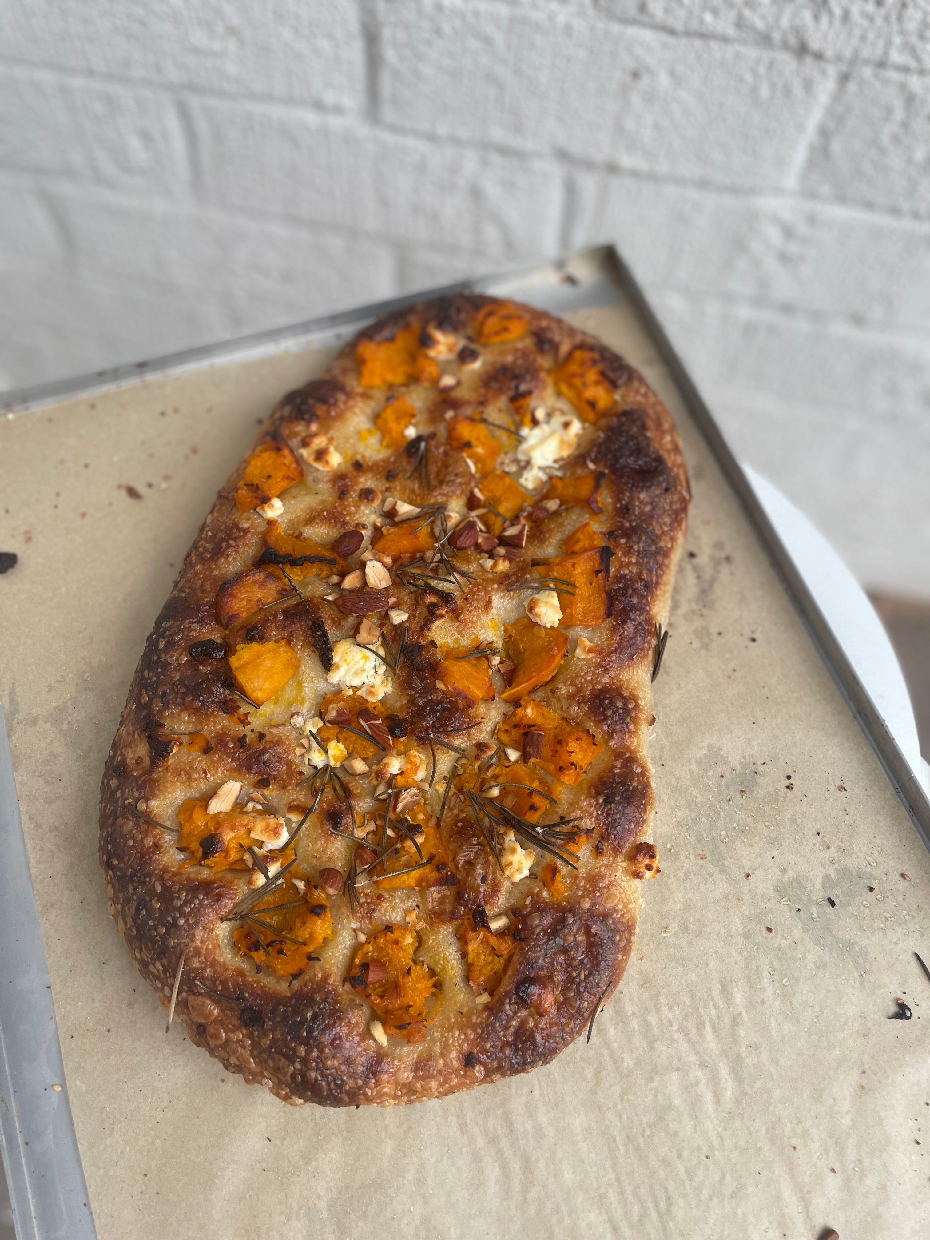 Focaccia slab - Roasted pumpkin, feta & smoked almonds - Friday 4 April | Slow Dough